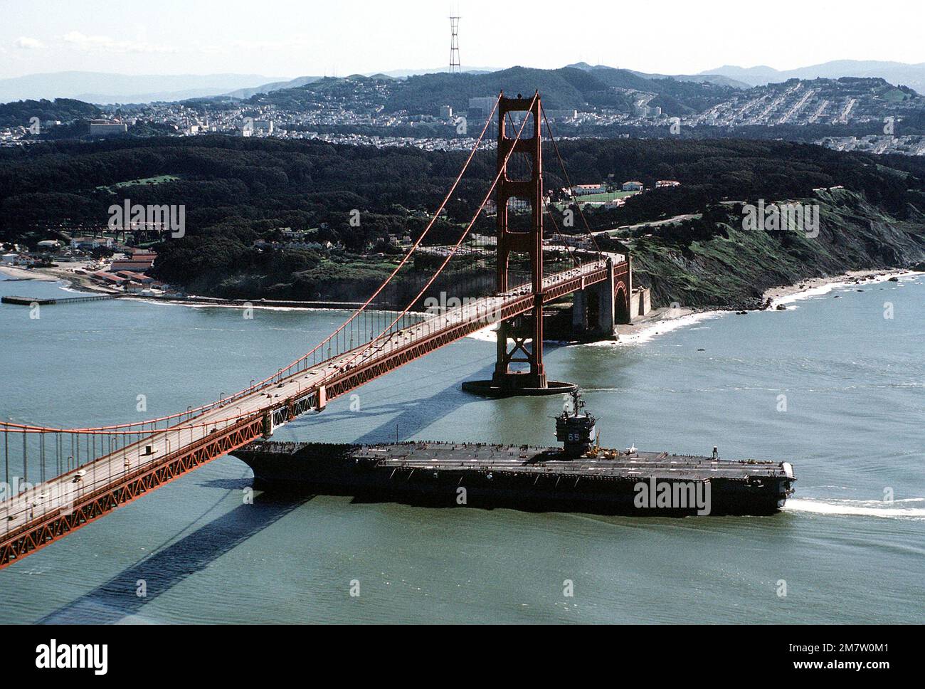 An aerial port beam view of the nuclear-powered aircraft carrier USS ...