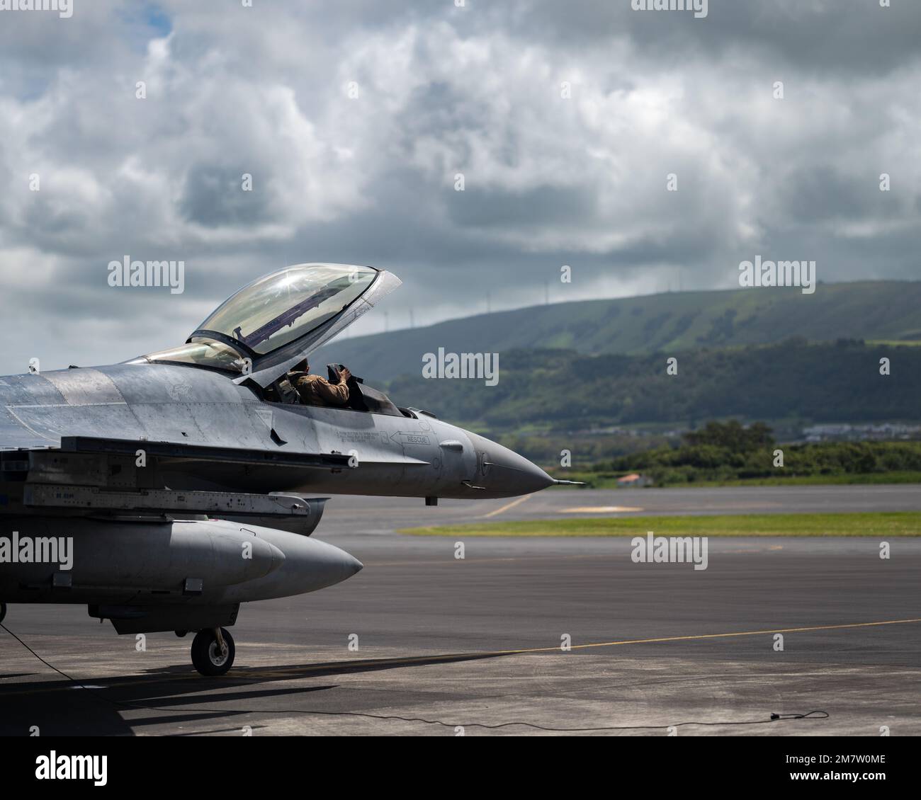 A U.S. Air Force F-16 Fighting Falcon aircraft assigned to the 55th ...