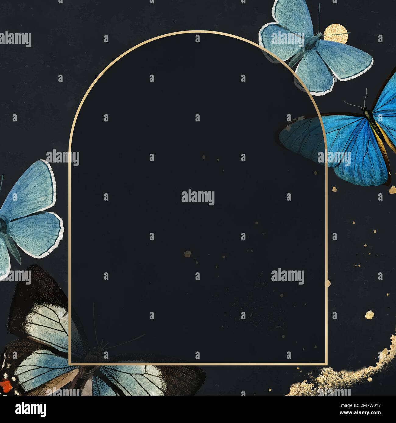 Gold frame with blue butterflies patterned background vector Stock ...