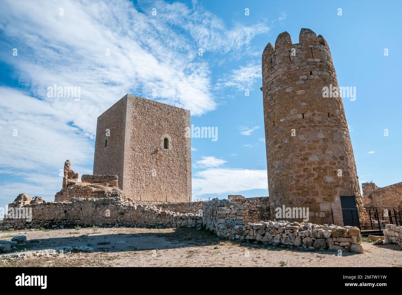 circular watchtower and square tower, Ulldecona Castle, Catalonia ...