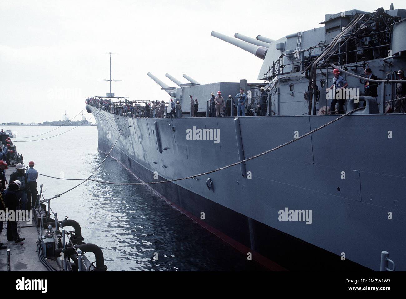 View of the forward port side of the battleship NEW JERSEY (BB-62) as ...