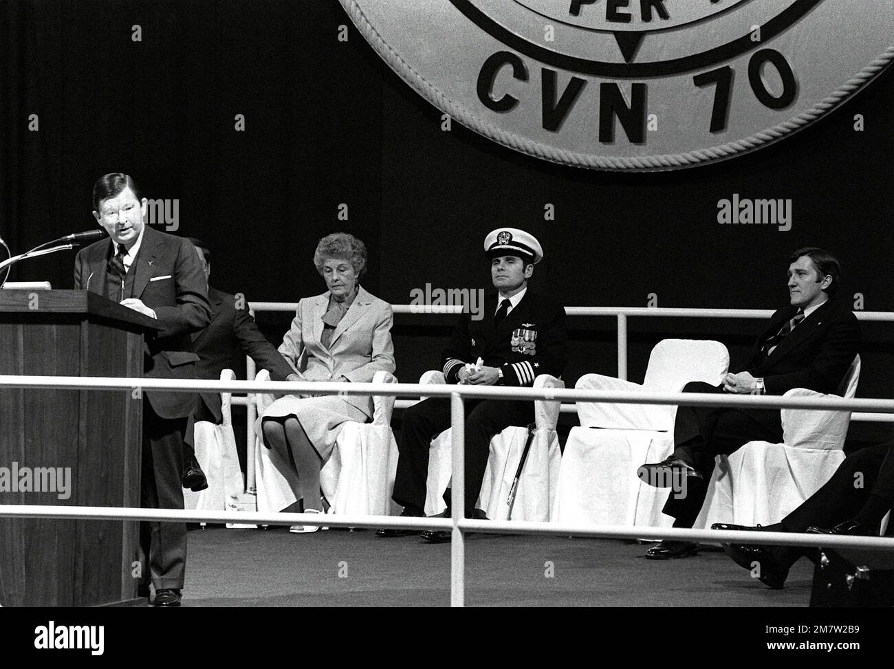 Sen. John Tower, R-Texas, speaks during the commissioning ceremony for ...