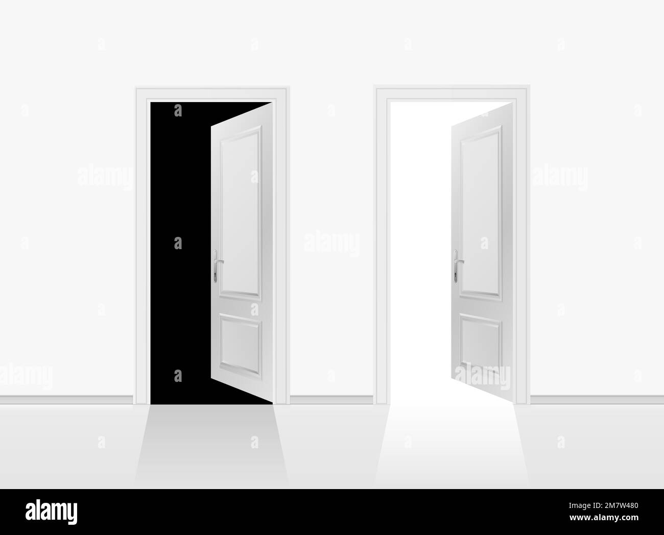 Two open doors on the gray wall background. Vector illustration Stock ...