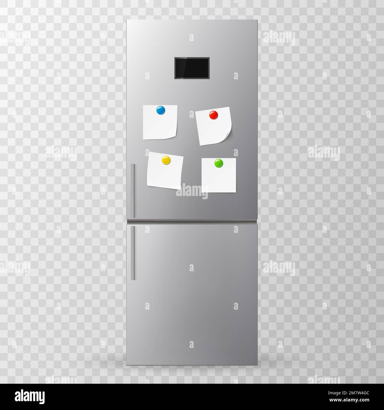 Blank paper and stick paper on refrigerator door. Fridge isolated on ...