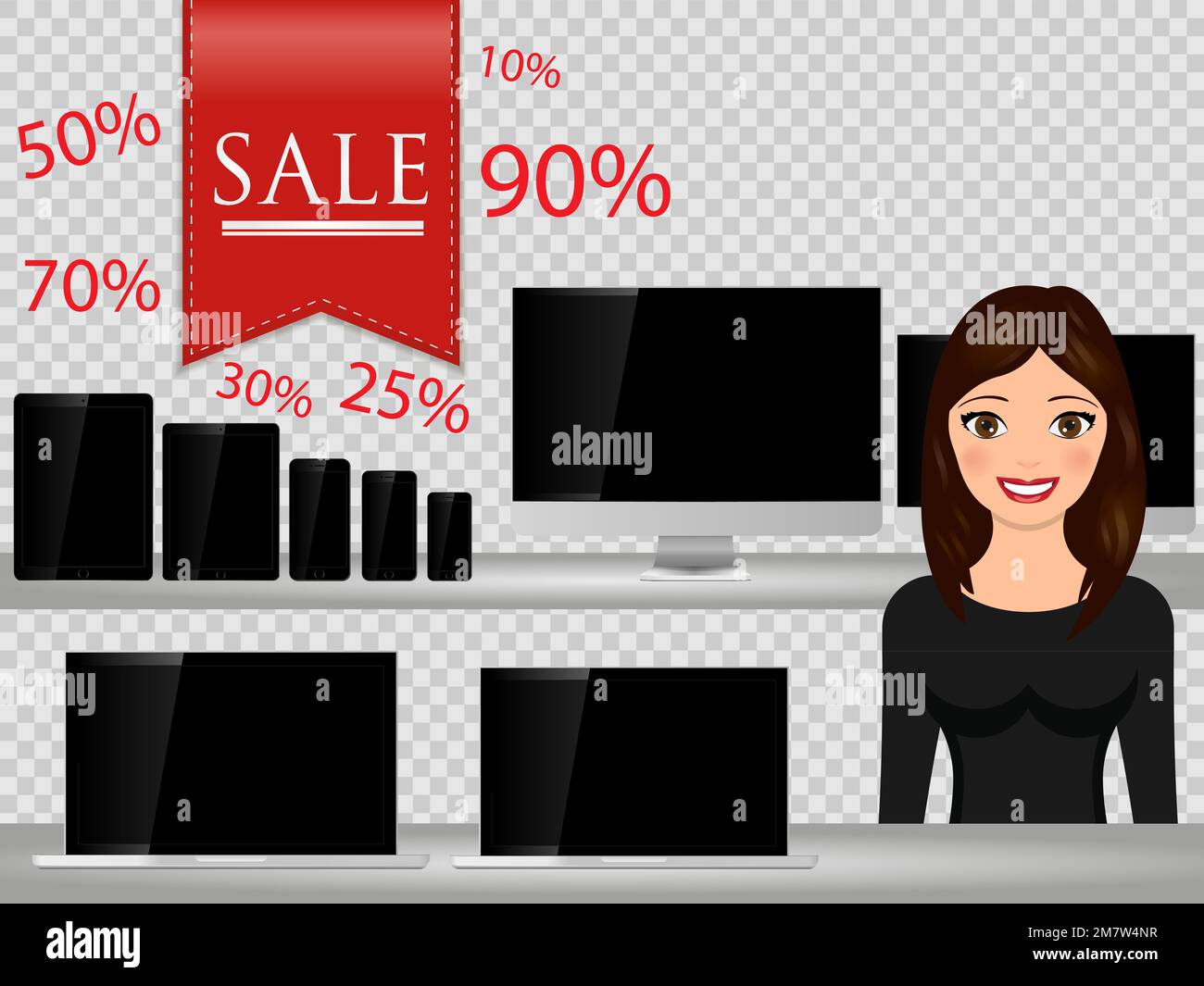 Salesperson at supermarket, selling computer, smartphone, laptop ...