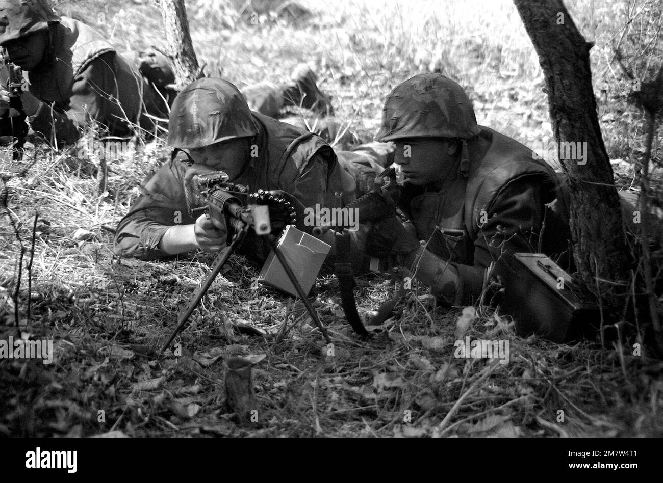 U.S. Marines fire rounds from an M-60 machine gun and an M-16 rifle ...