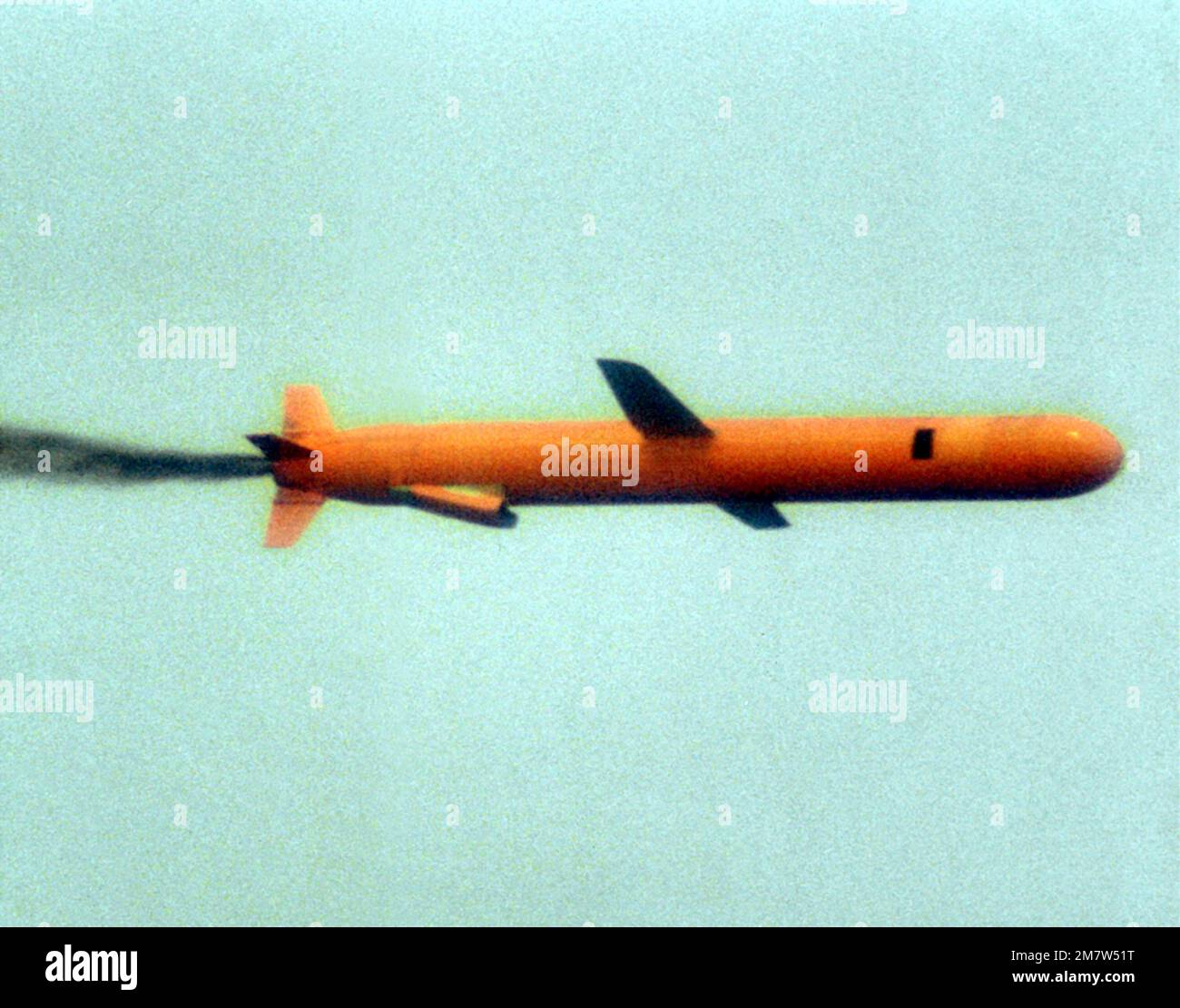 A view of a BGM-109 Tomahawk missile in flight during a land attack ...