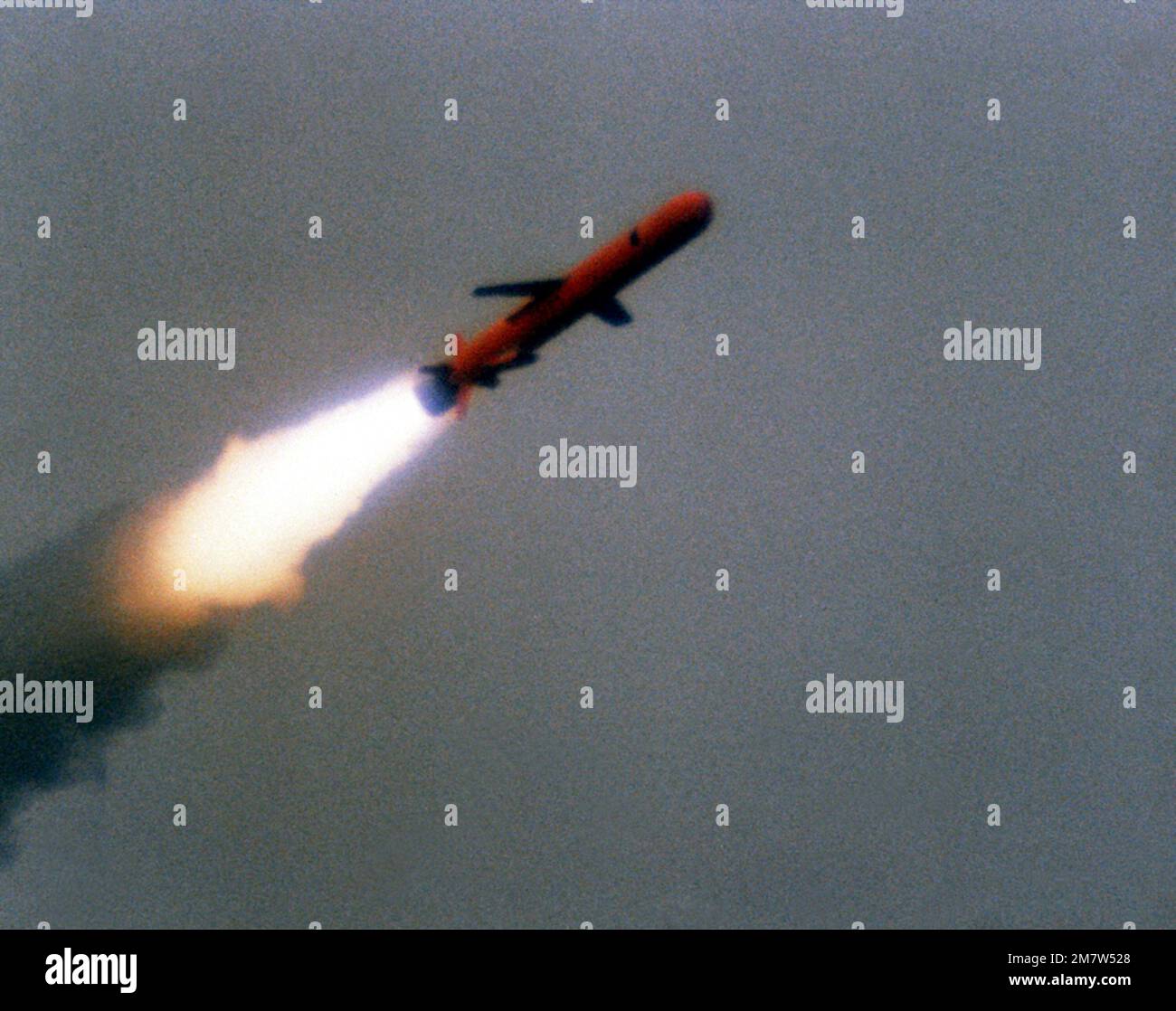 A view of a BGM-109 Tomahawk missile in flight during a land attack ...