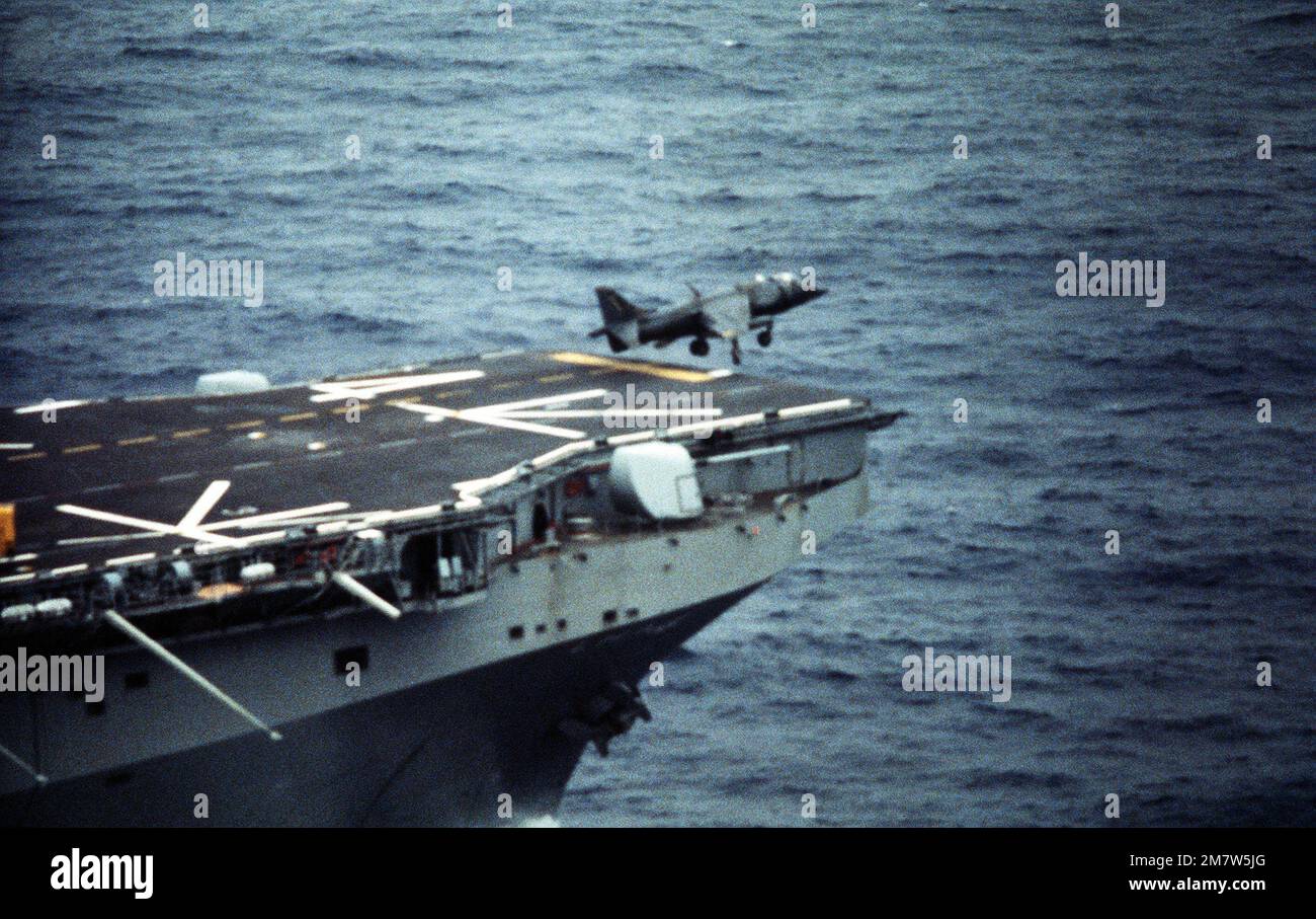 A right side view of an AV-8A Harrier aircraft taking off from the ...
