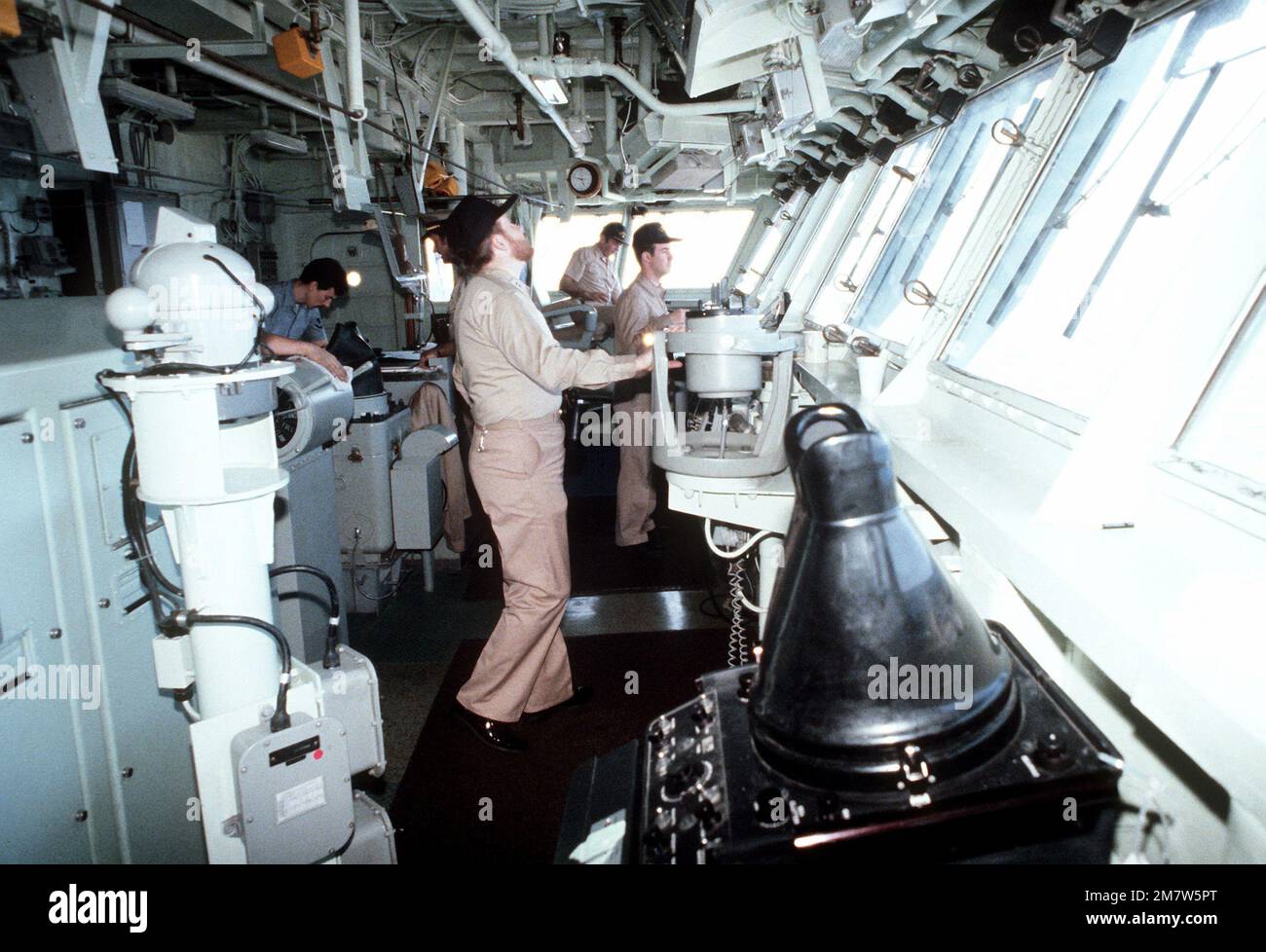 Interior view of the bridge on the amphibious assault ship USS NASSAU ...