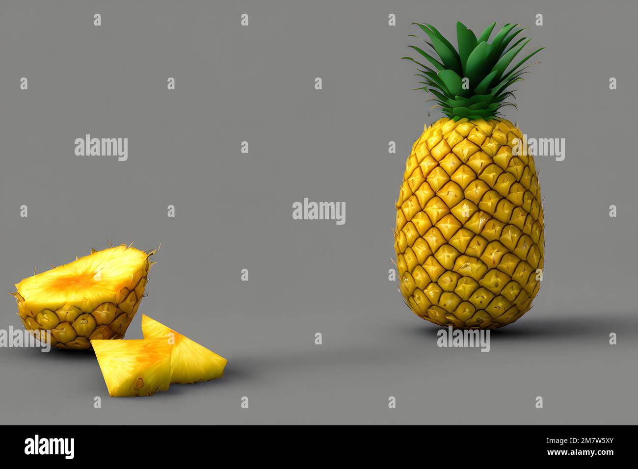 3d rendering illustration of raw pineapple with green leaves and skin ...