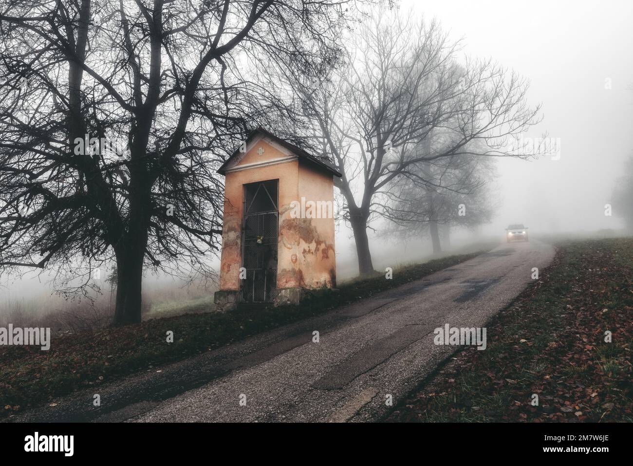 Dark misty weather in calvary with car on the asphalt road with lights ...