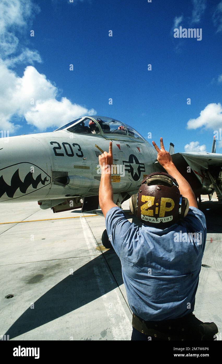 A ground crewman signals an F-14 Tomcat aircraft pilot as he conducts a ...