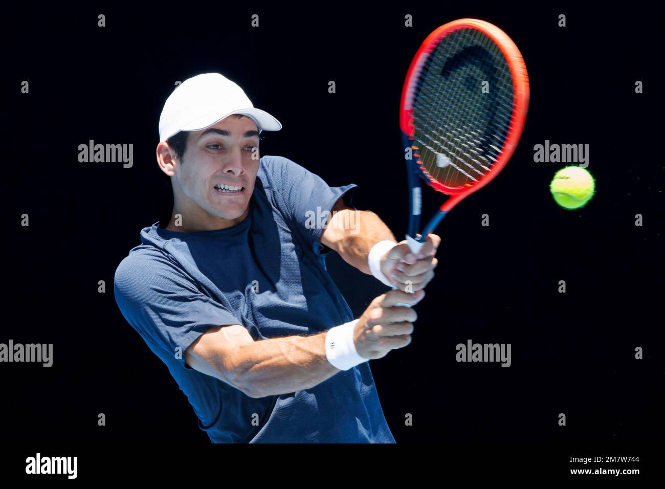 January 11, 2023: Christian Garin practising on Rod Laver Arena ahead ...