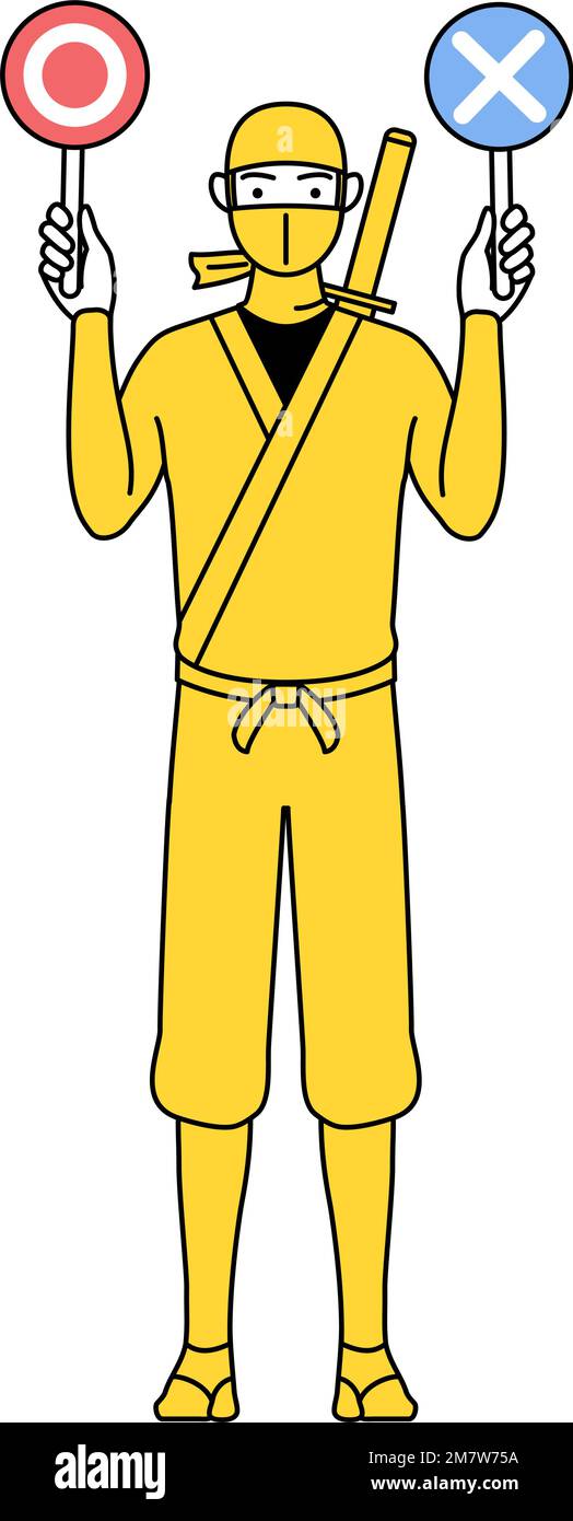 A man dressed up as a ninja holding a stick indicating correct and ...