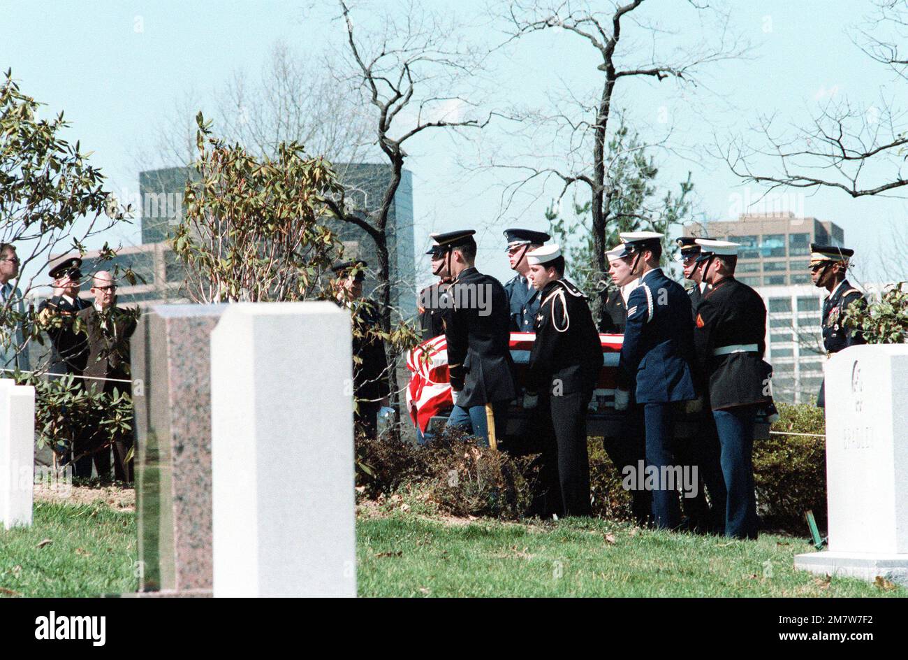 Members of a joint services honor guard carry the coffin of GEN Nathan ...