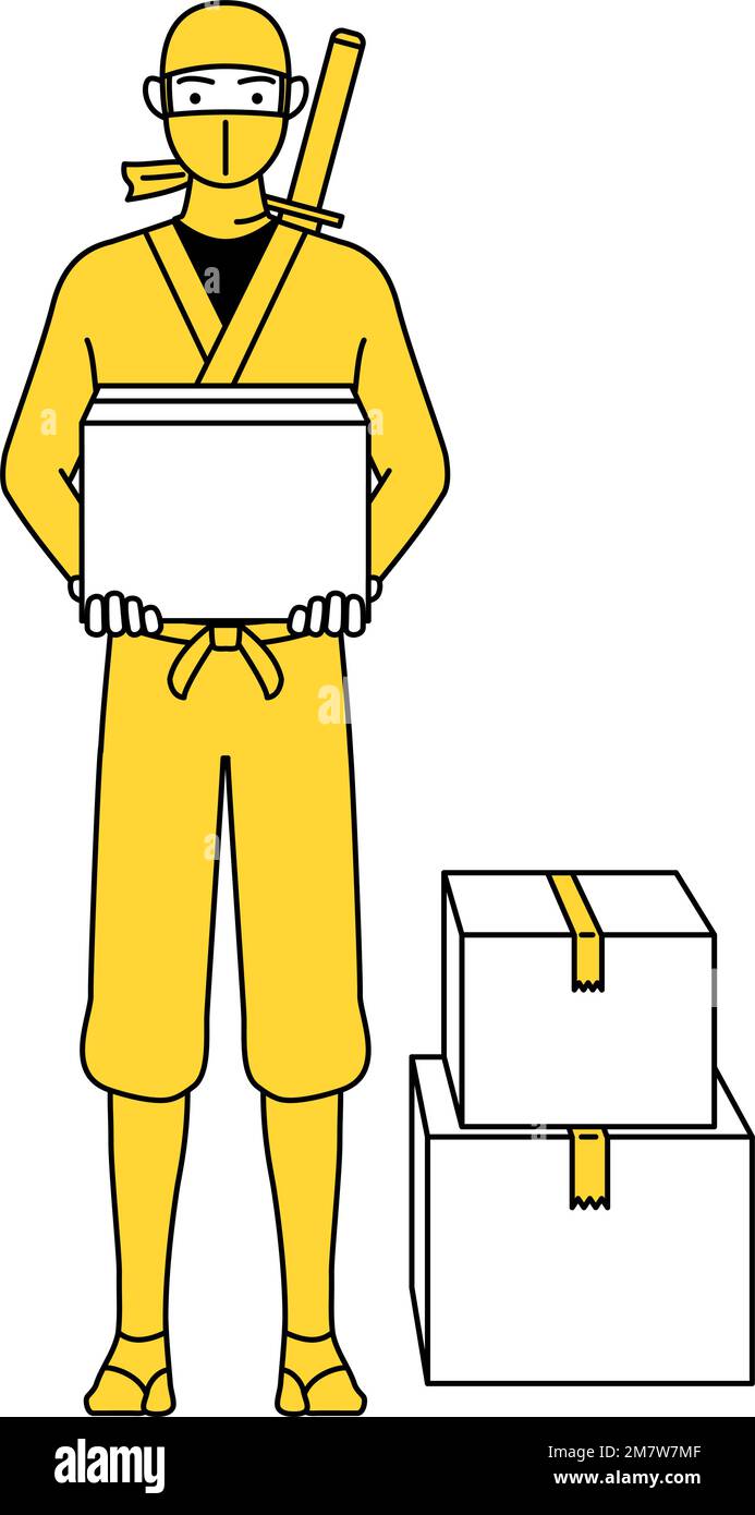 A man dressed up as a ninja working to carry cardboard boxes Stock ...