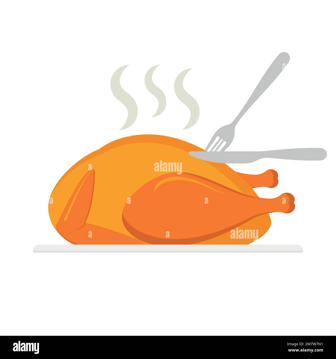 Roasted chicken being cut by knife and fork isolated on white ...