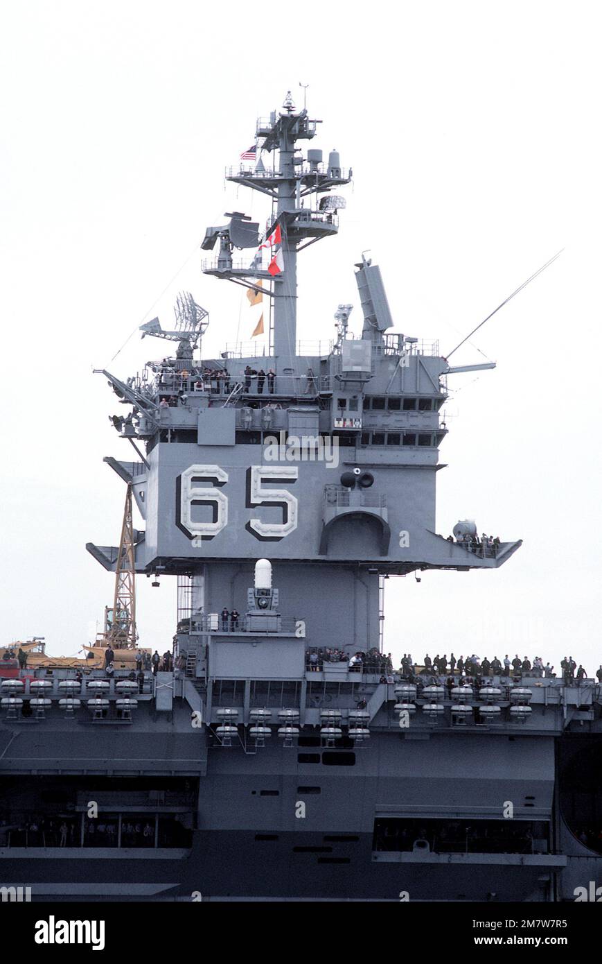 A starboard view of the rebuilt superstructure aboard the nuclear ...