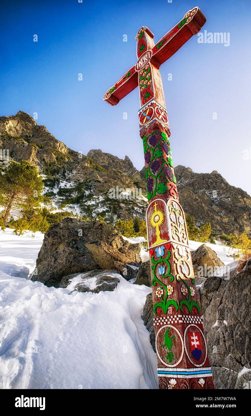 Decorated wooden cross in monument Symbolic cemetery in High Tatras ...