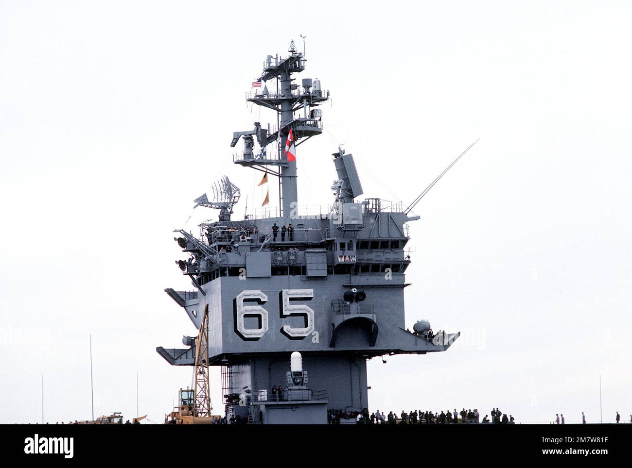 A starboard view of the rebuilt superstructure aboard the nuclear-powered aircraft carrier USS ...