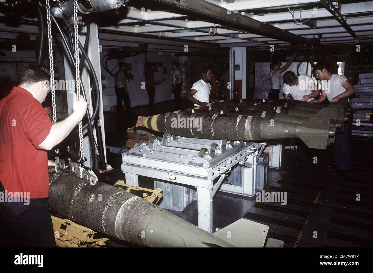 A view of the bomb assembly room where Mark 82 bombs are being ...