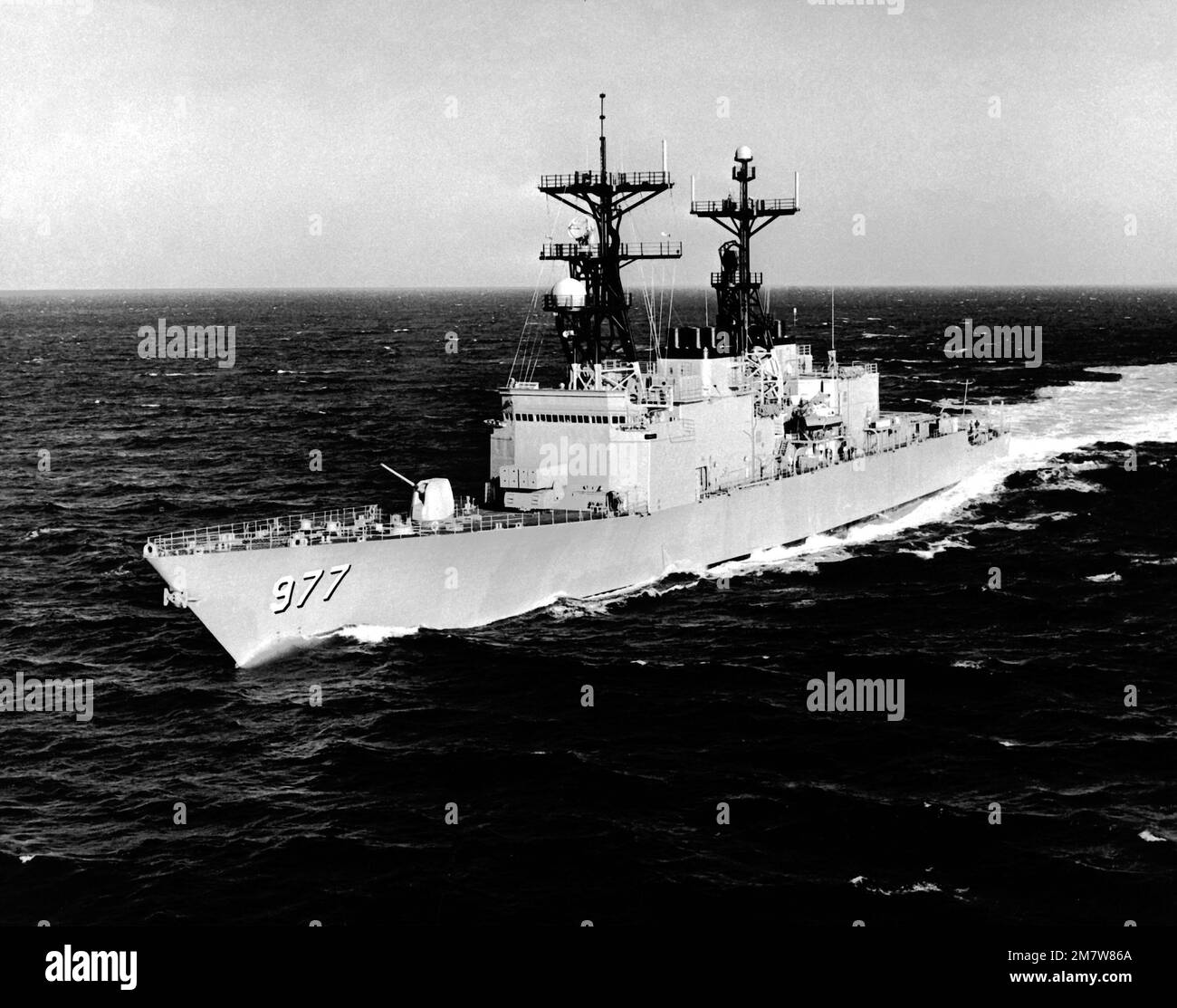 Aerial port bow view of the destroyer USS BRISCOE (DD-977) underway ...