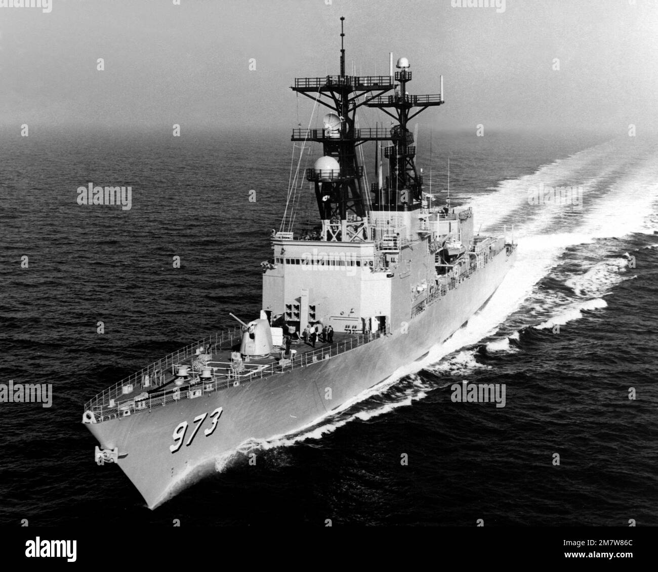 Aerial port bow view of the destroyer USS JOHN YOUNG (DD-973) underway ...