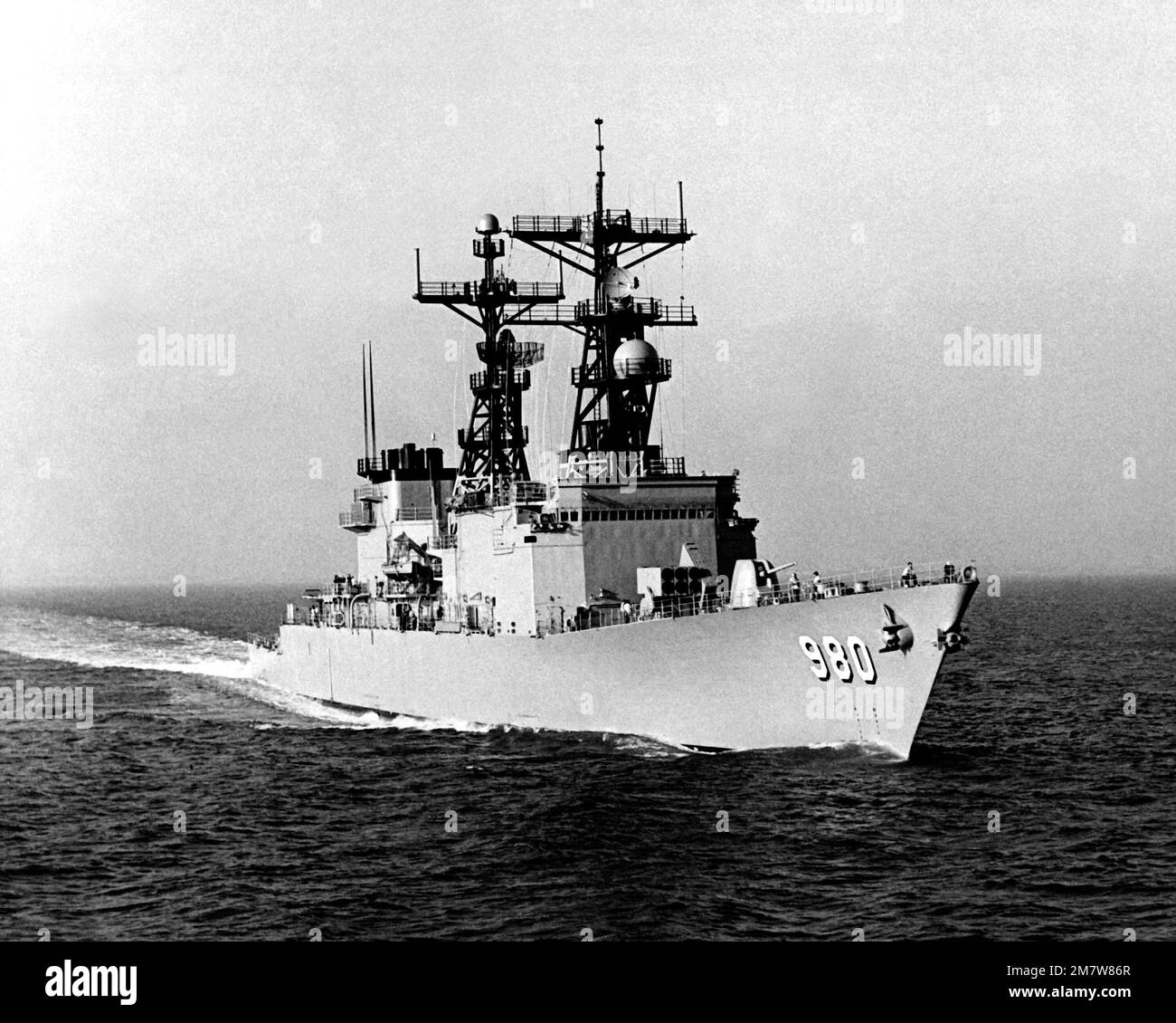 An aerial starboard bow view of the destroyer USS MOOSBRUGGER (DD-980 ...