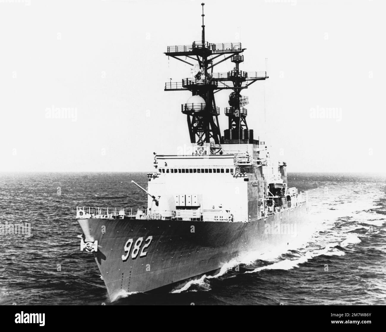 Aerial port bow view of the destroyer USS NICHOLSON (DD-982) underway ...