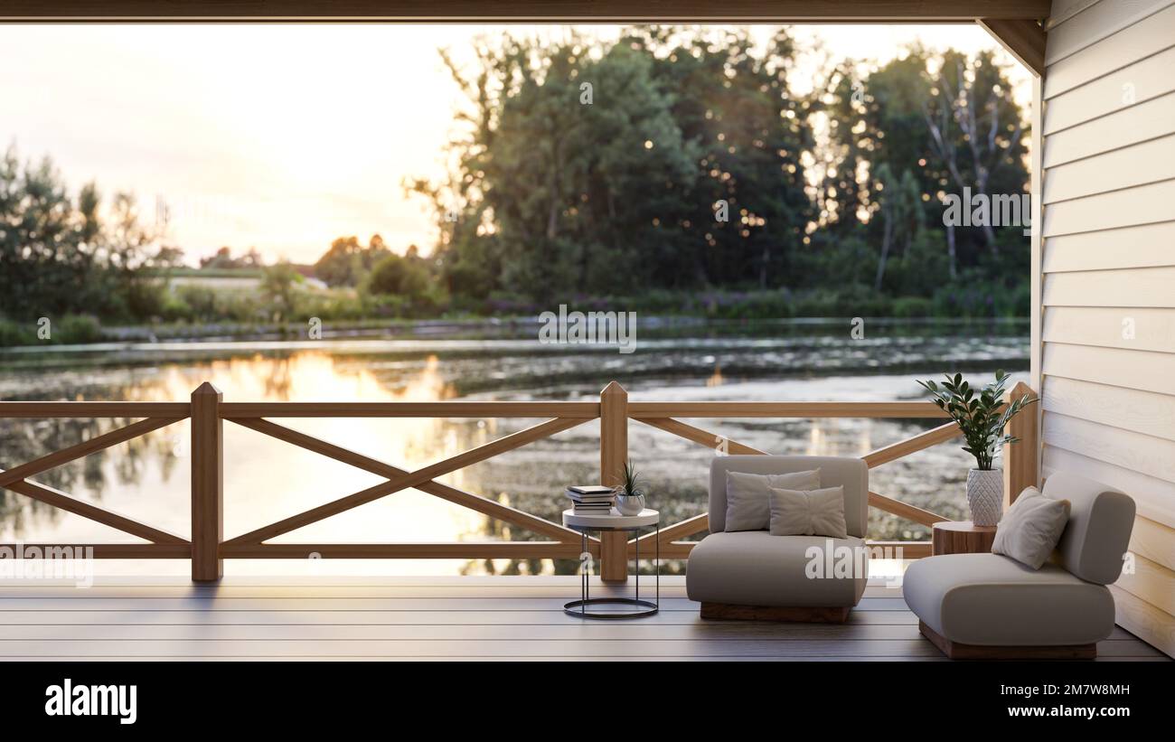 Beautiful and comfortable cottage balcony with beautiful pond and ...