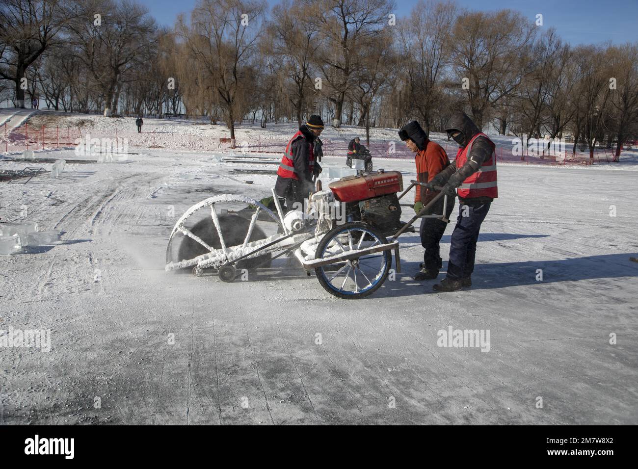 Workers collect ice blocks in Jiangbin Park to build an ice and snow ...