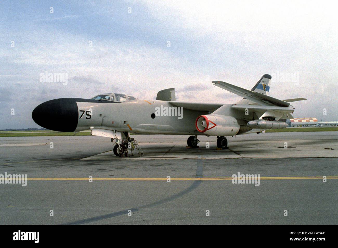 A left front view of an NRA-3B Skywarrior aircraft equipped with ...