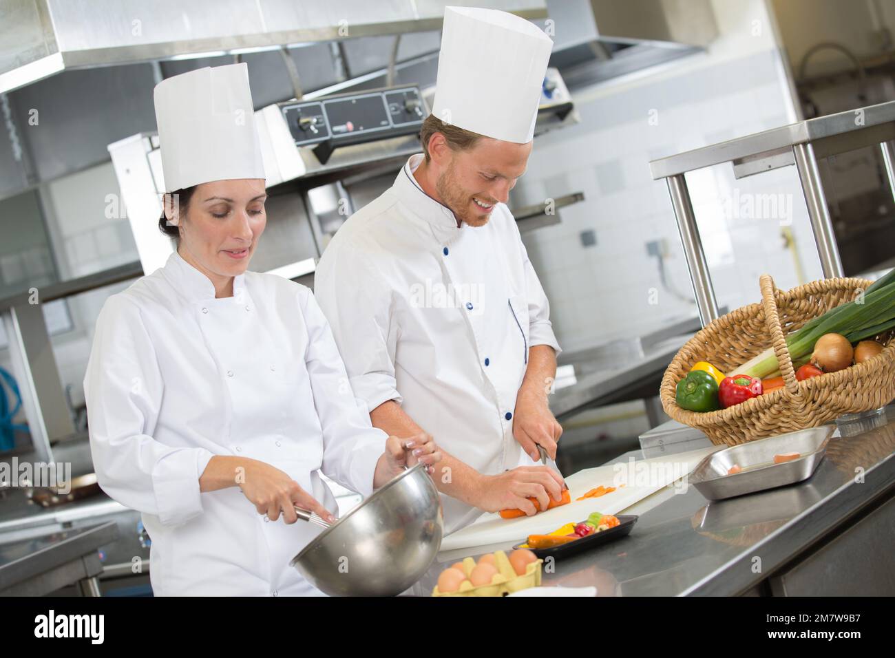 male and female chefs working together in professional kitchen Stock ...