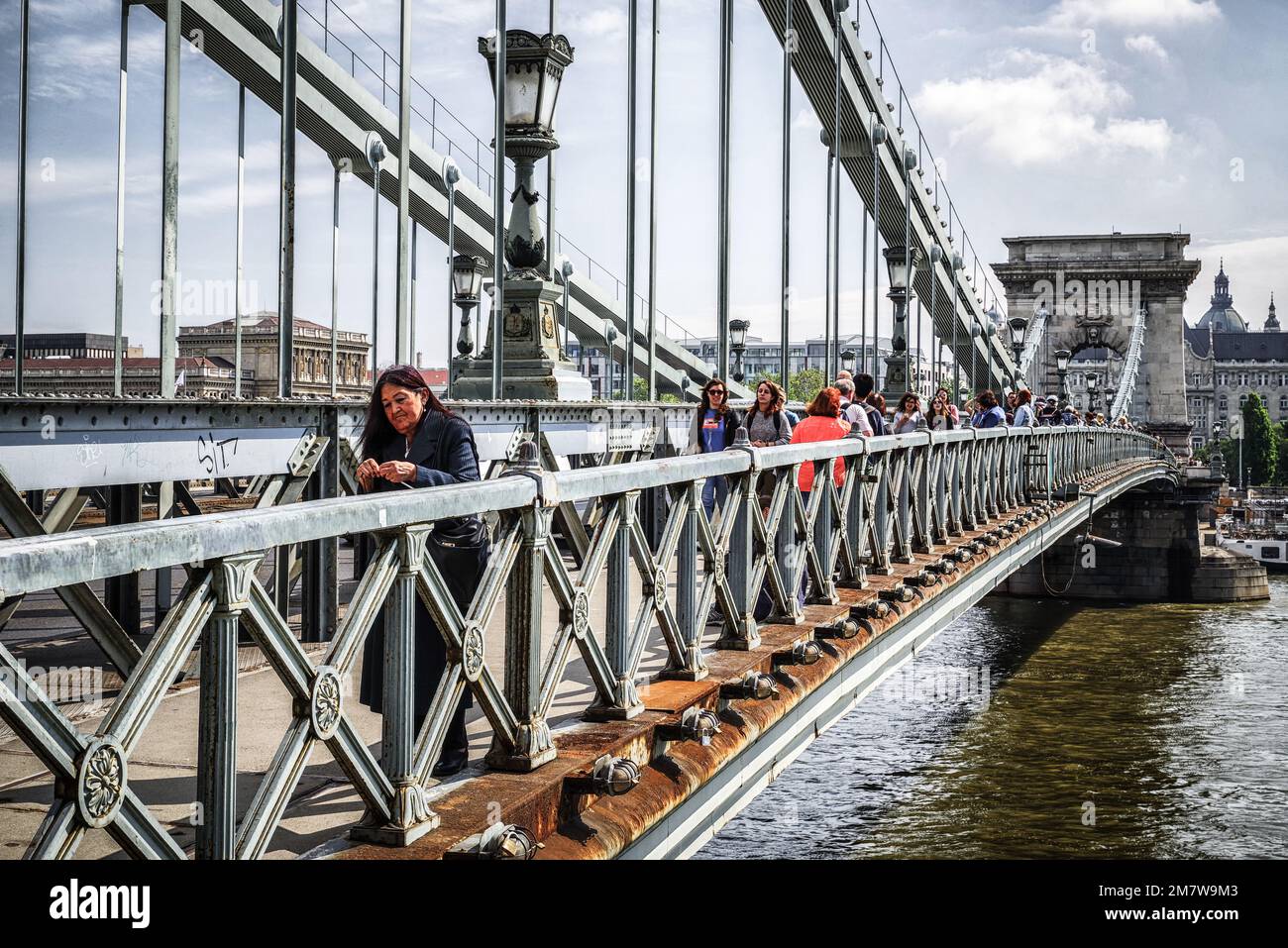 BUDAPEST, HUNGARY - MAY 6: Chain bridge over river Danubeon May 6, 2017 ...