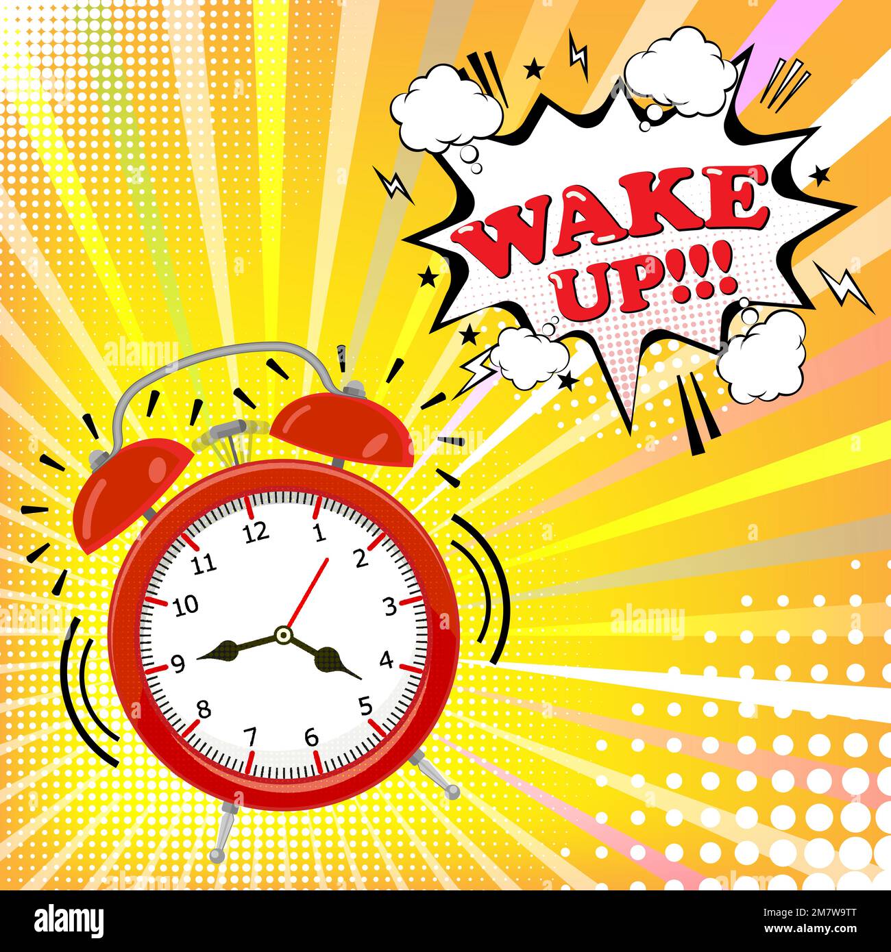 Alarm clock with comic bubble with wake up word on halftone background ...