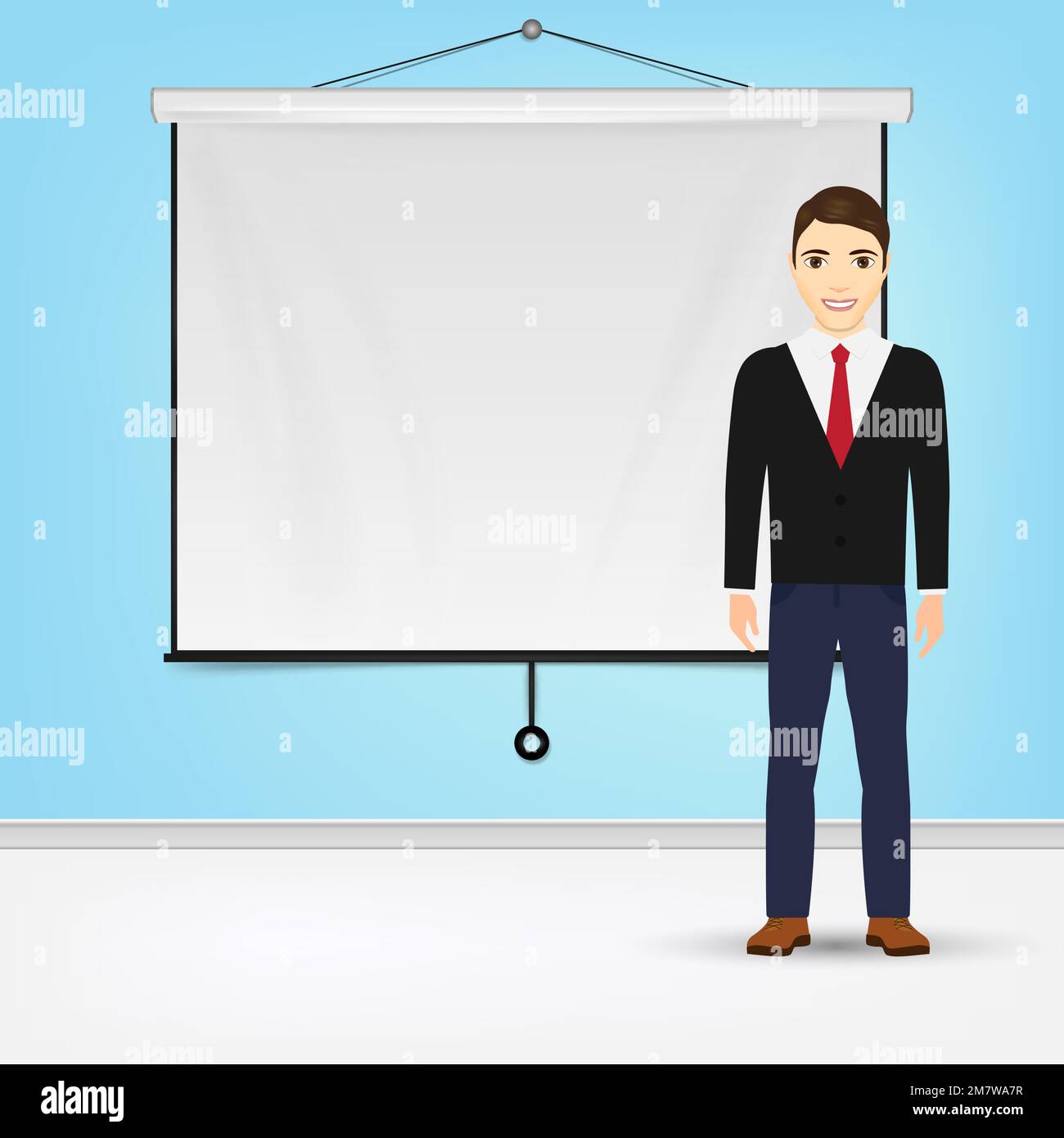 Businessman giving presentation with projector screen white board ...