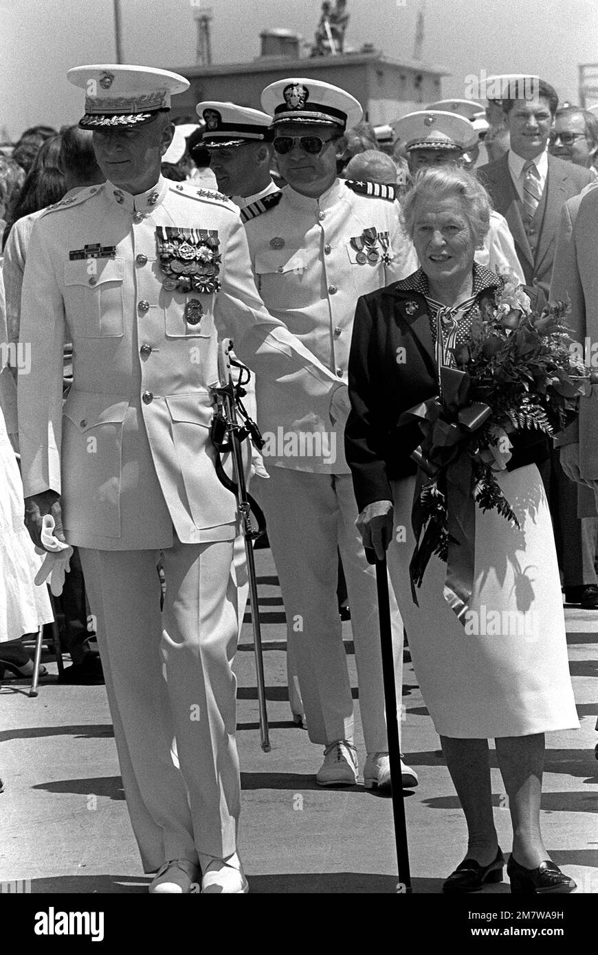 Mrs. Lewis B. Puller, sponsor, and GEN Robert H. Barrow, commandant of ...