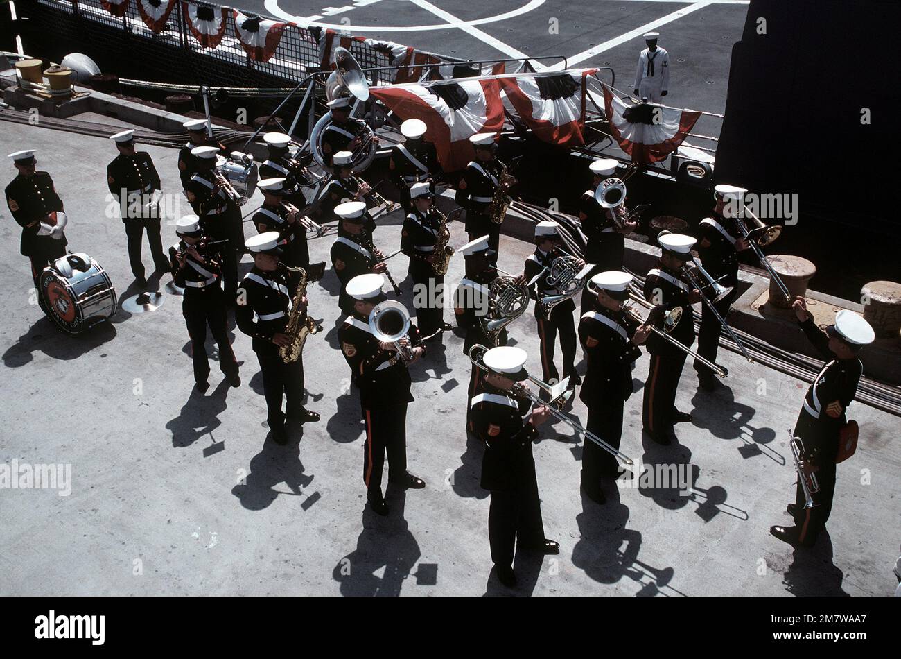 A Marine Corps band plays during the commissioning ceremony for the ...