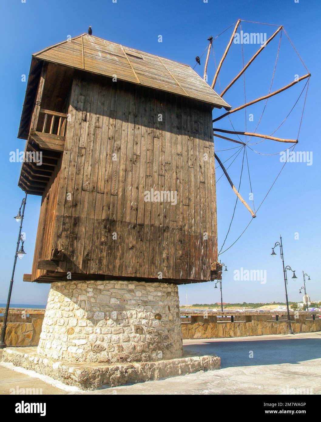 Wooden windmill in town Nessebar in Bulgaria Stock Photo - Alamy