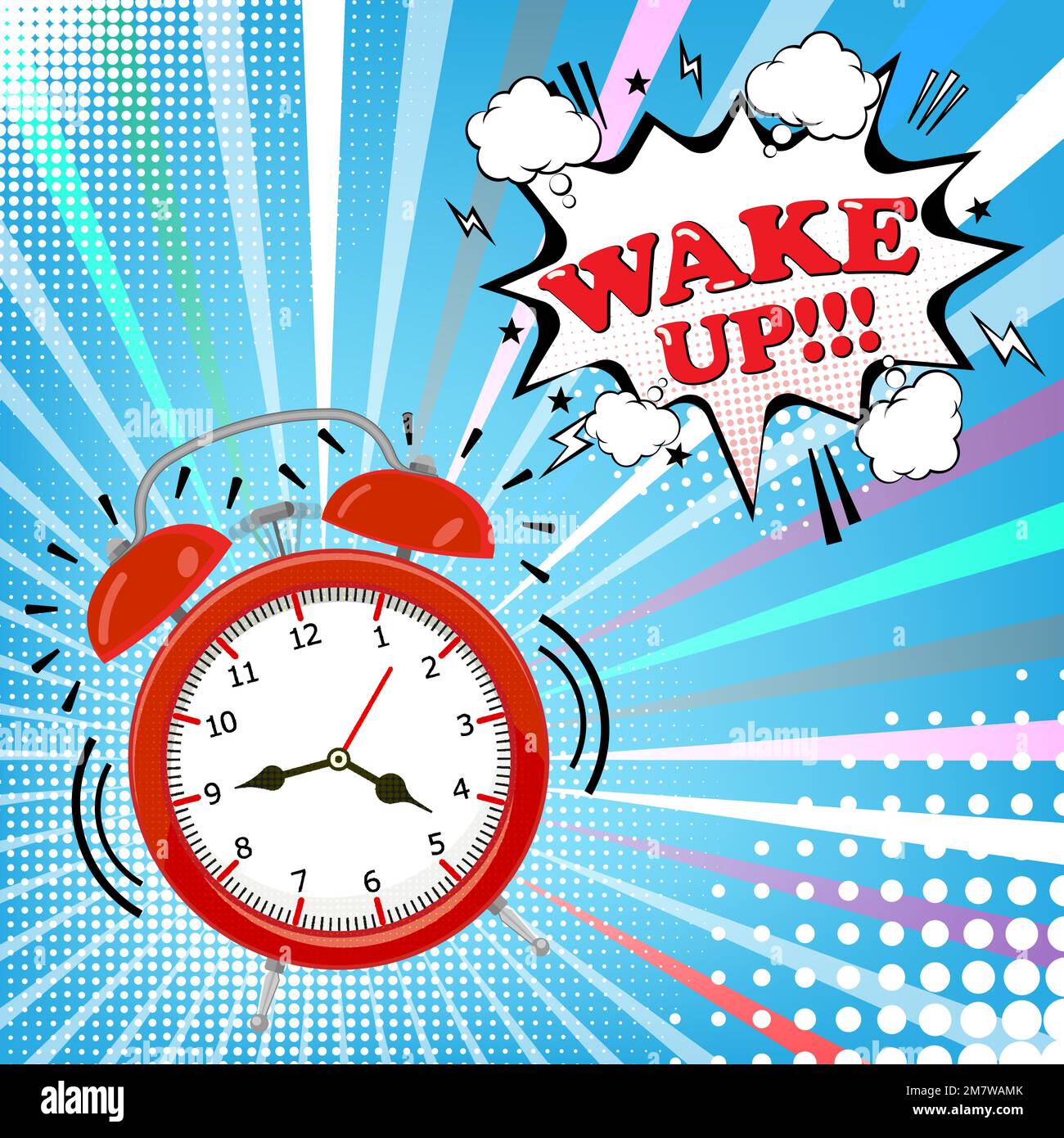 Alarm clock with comic bubble with wake up word on halftone background ...