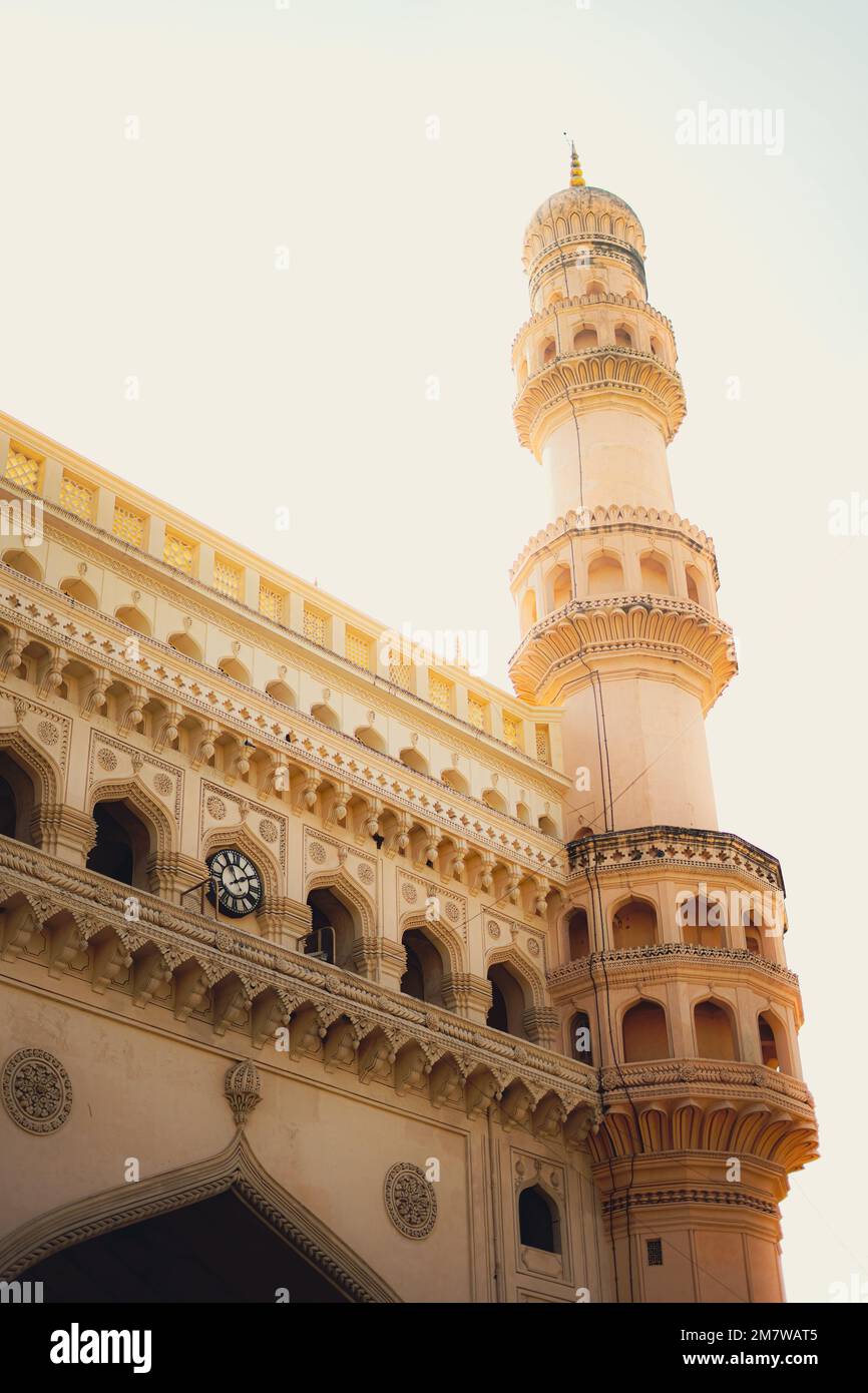 A low angle shot of Charminar mosque against sunlight in Hyderabad ...