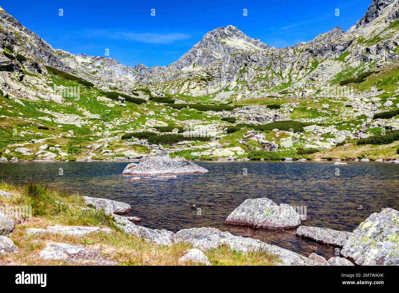 Beautiful alpine scenery with lake and mountains. Tarn and peak in High ...