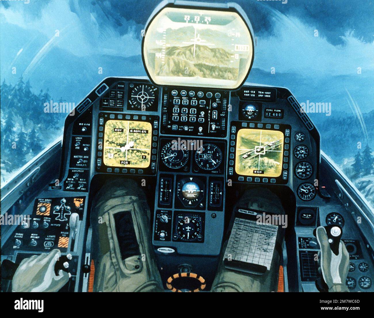 An artist's concept of the F-16 multimission cockpit head up display ...