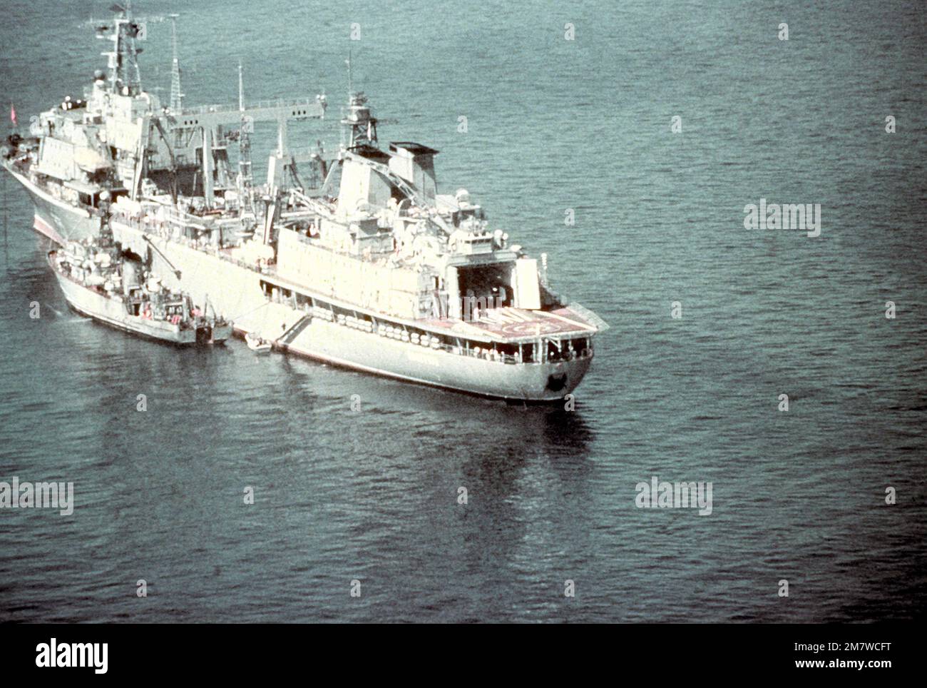 Aerial port quarter view of a Soviet Berezina class fleet replenishment ...