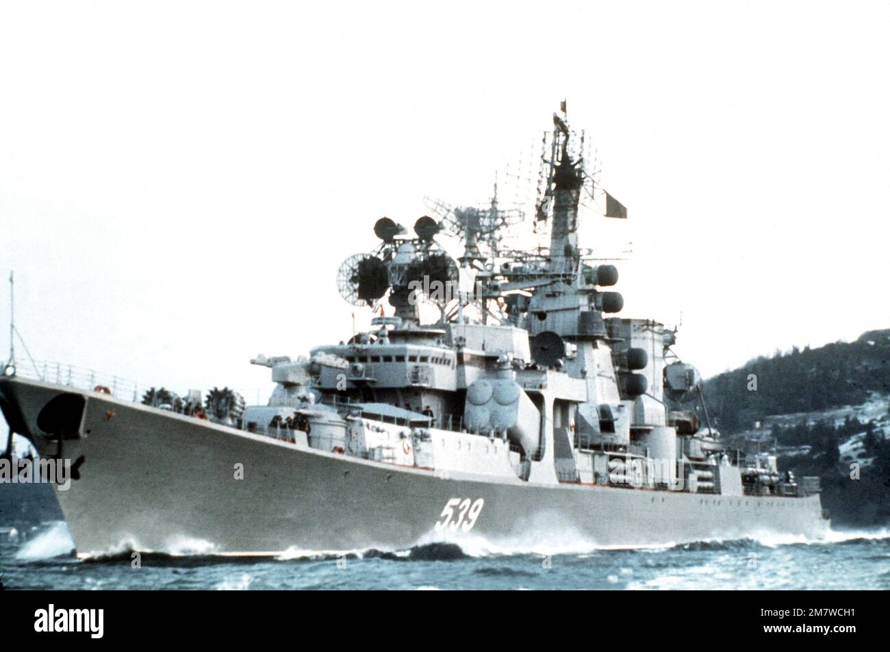 A port bow view of a Soviet Kara class guided missile cruiser underway ...