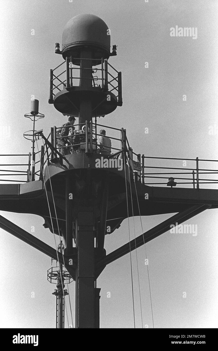 A close-up view of the superstructure aboard the destroyer USS JOHN ...