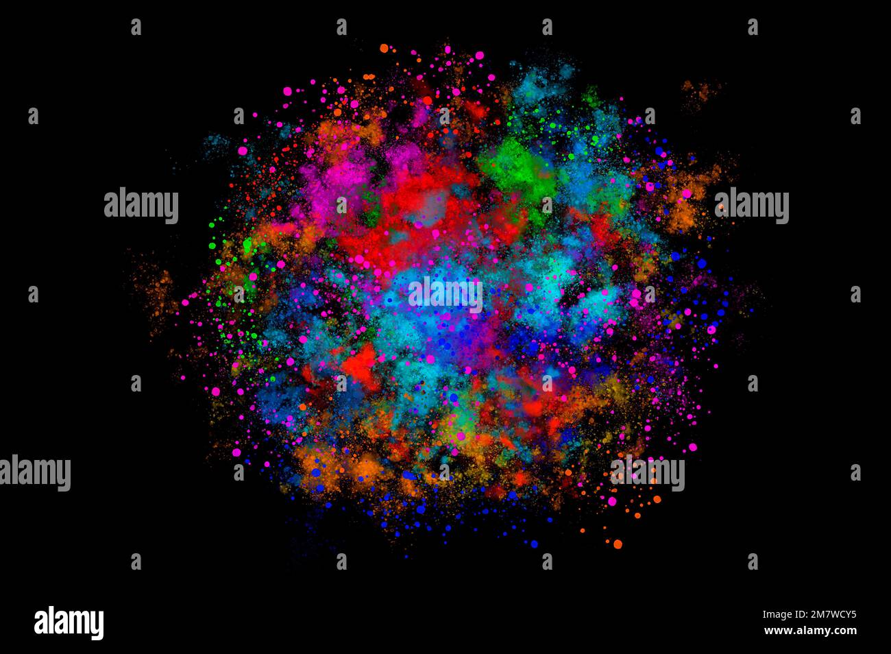 Multicolored watercolor splash blot colorful dots on a black background ...