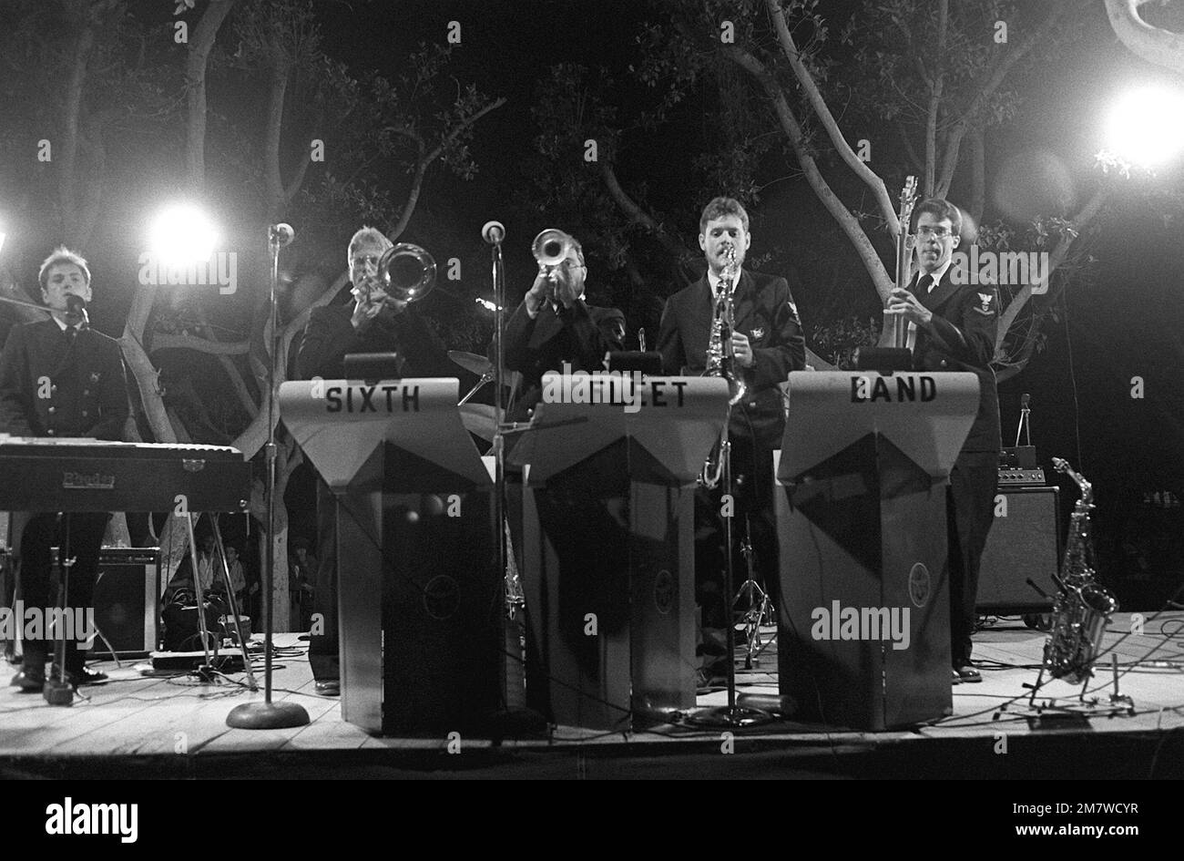 A front view of the stage as the U.S. Navy Sixth Fleet Band performs ...