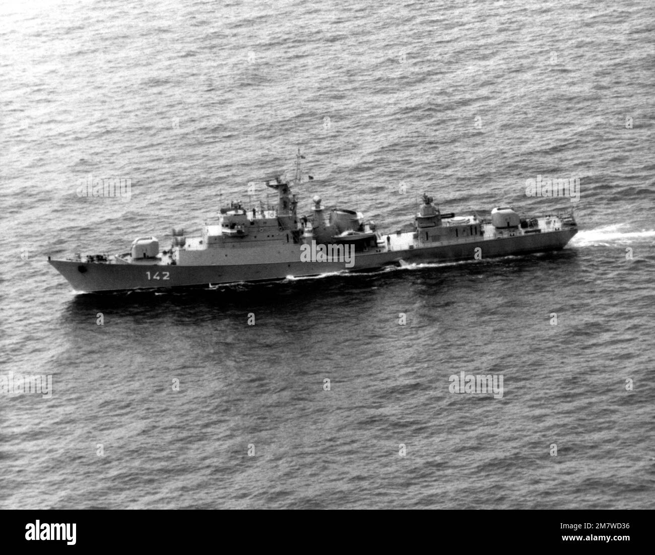 An aerial port beam view of Soviet Koni Class frigate underway. Country ...